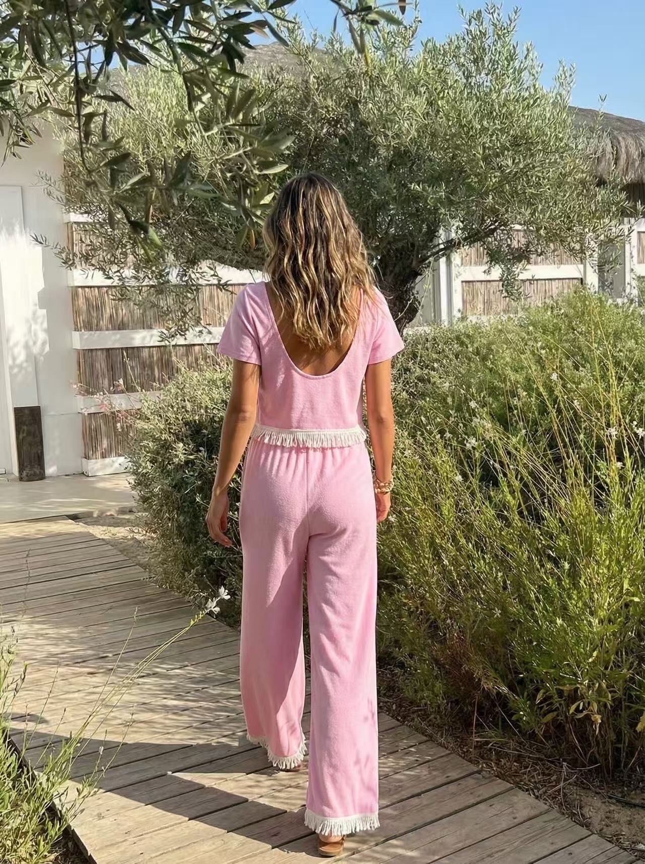 Straight cut terry cloth pants with fringe detail | Paris Fashion Shops
