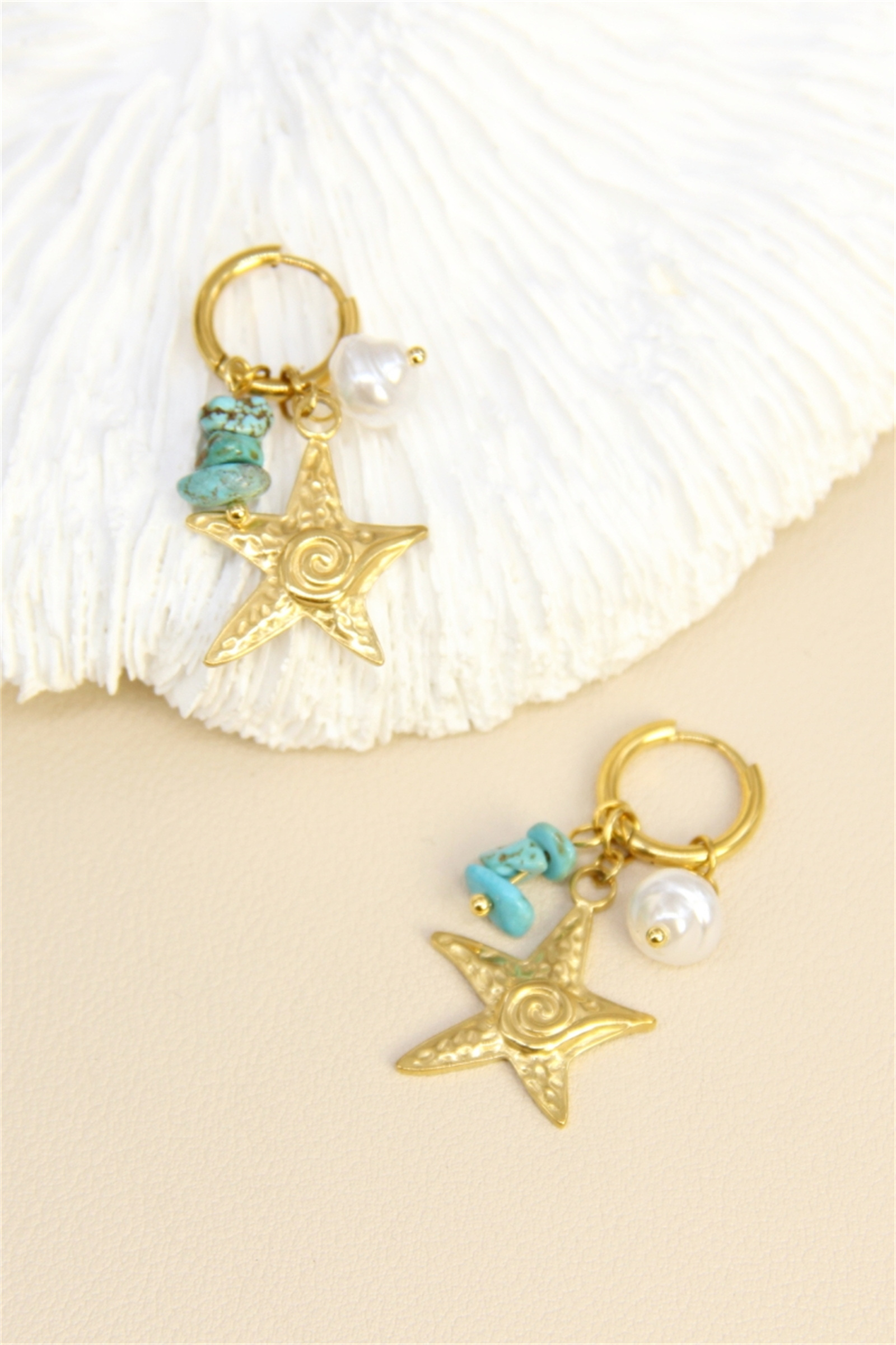 Boucles d’oreilles étoile de mer – acier inoxydable, perle & turquoise ...
