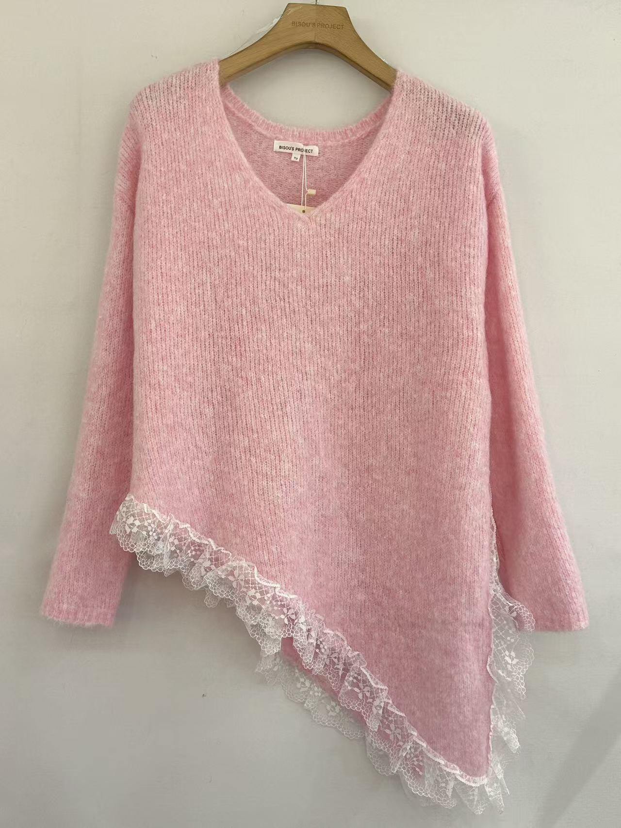 Pull long en maille, col V, manches longues et bas asymétrique avec ...