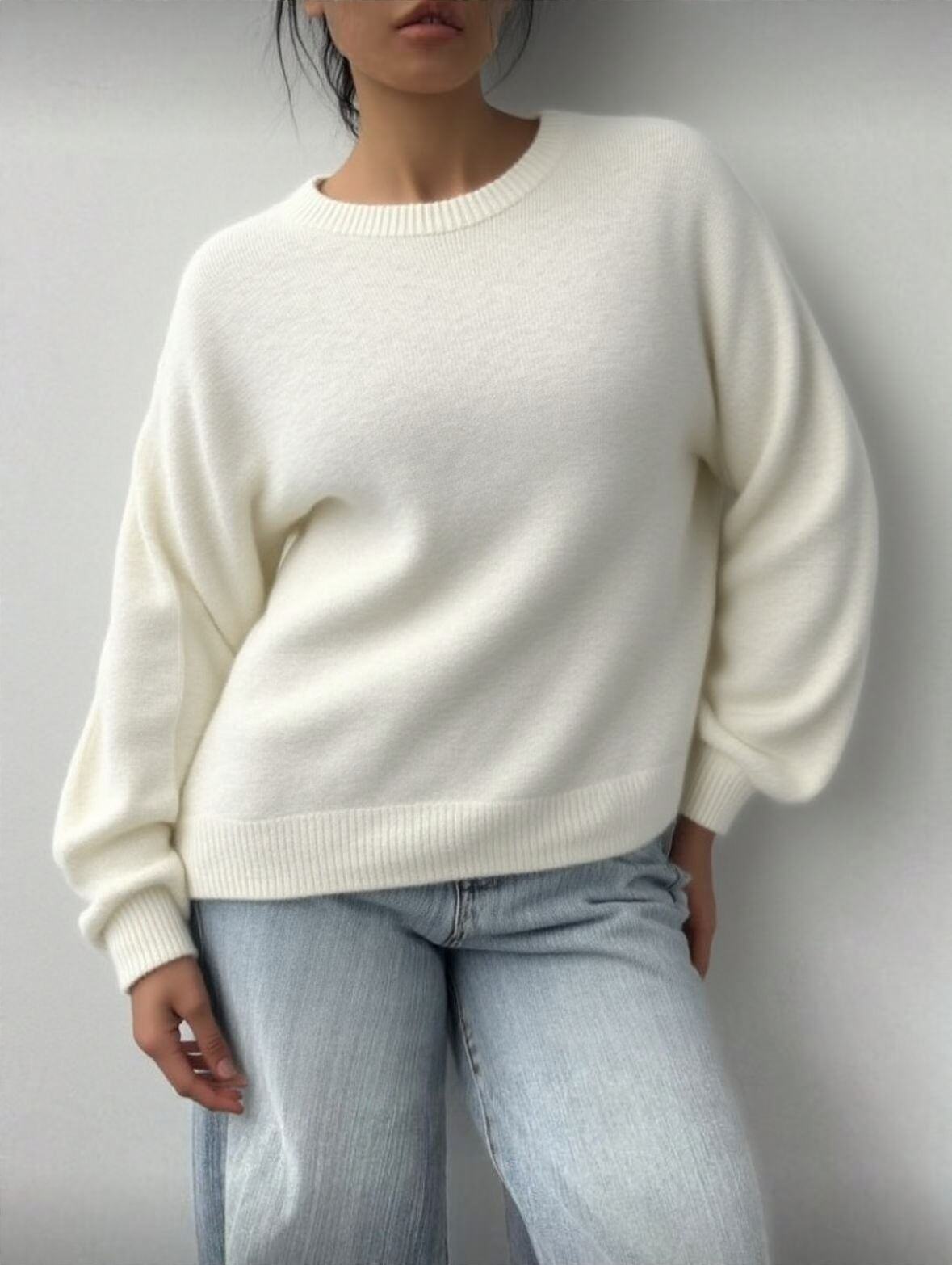 Women's oversized sweater in soft knit, round neck, ivory white color ...