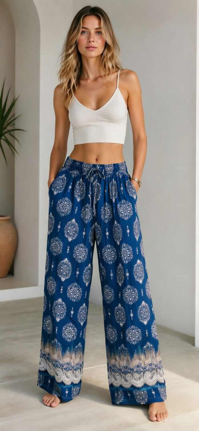 Pantalon imprimé effet lin coupe large avec poches et ficelle | Paris ...