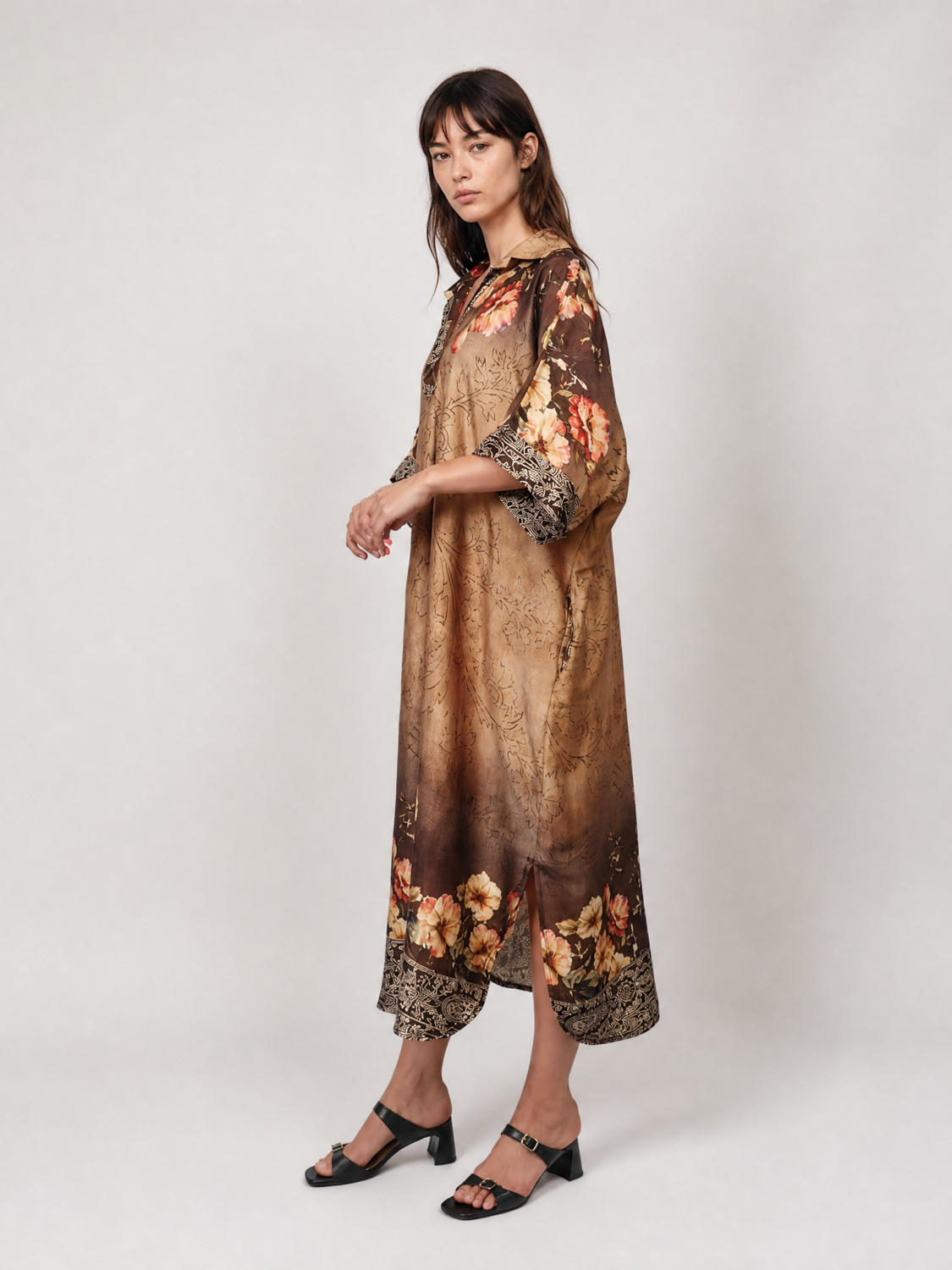 Flowy satin dress with floral gradient KD8966VS | Paris Fashion Shops