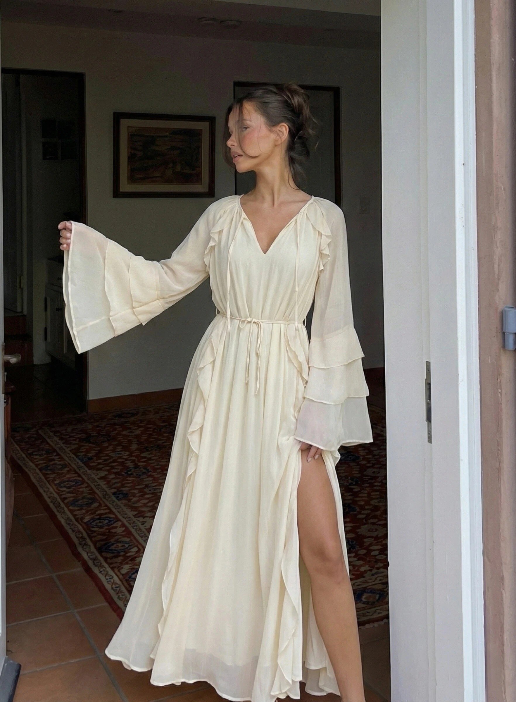 Flowy Long Dress with Ruffles and Flared Sleeves | Paris Fashion Shops