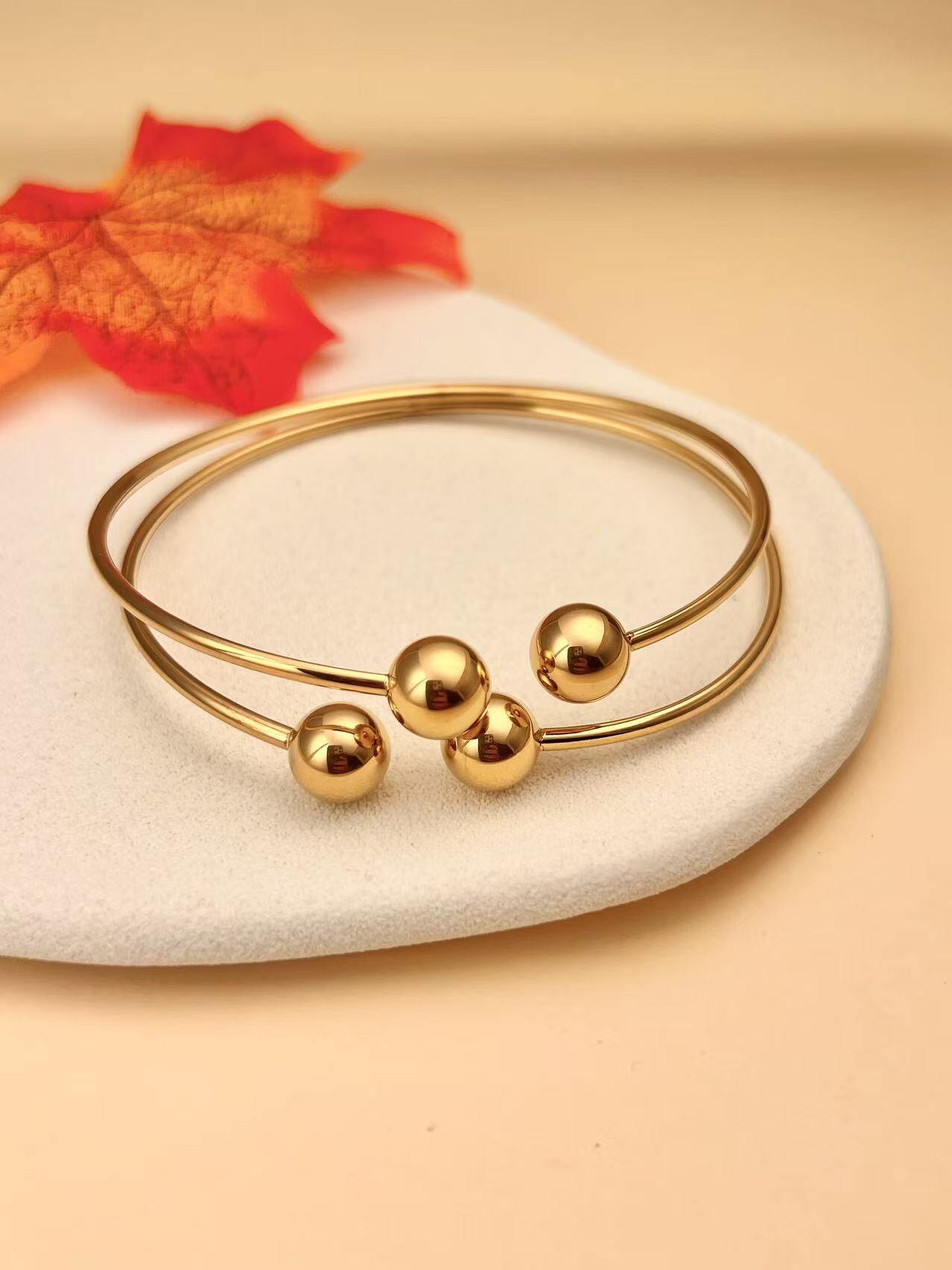 Bracelet Jonc Doré Sphères Doubles Acier Inoxydable Élégance ...