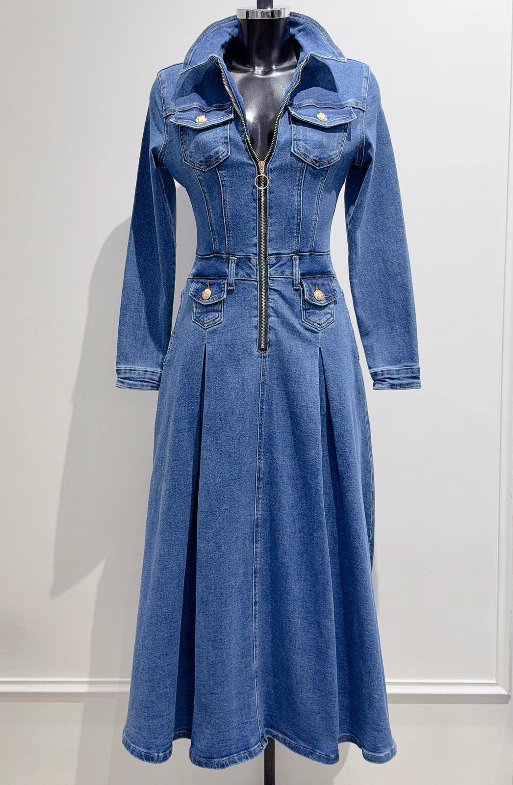 Long stretch denim dress with zipper | Paris Fashion Shops