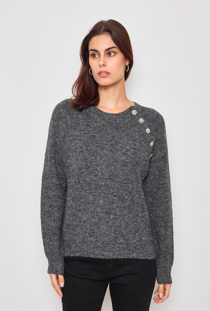 Pull avec boutons strass sur l'épaule | Paris Fashion Shops