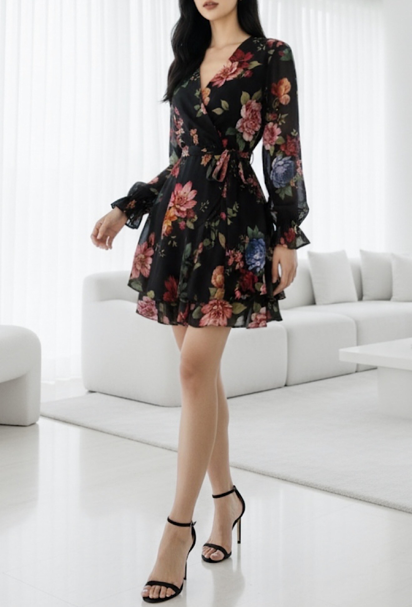 ARIA dress in a very fluid voile print with double ruffle and viscose ...