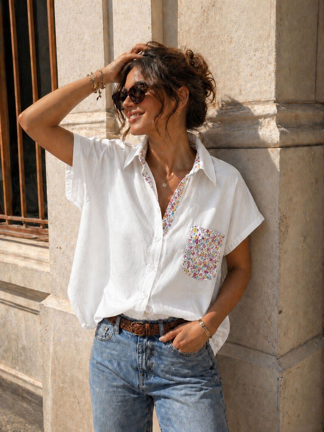 Flowy Shirt with Floral Print and Contrasting Pocket | Paris Fashion Shops