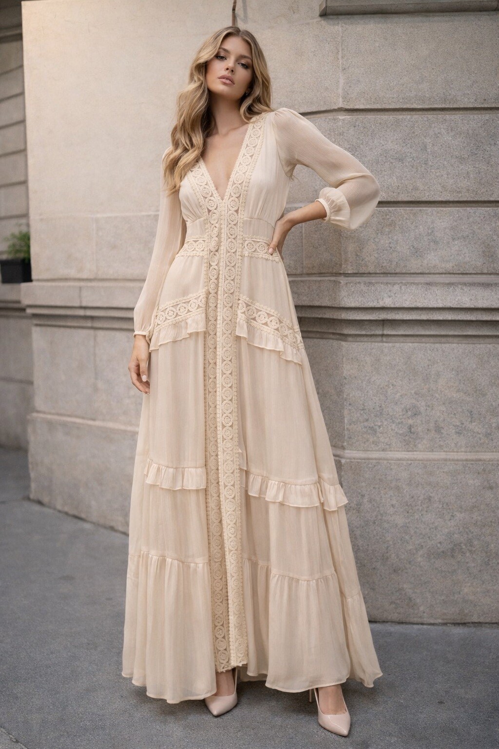 Flowy long dress with a V-neck, delicate lace, and airy sleeves | Paris ...