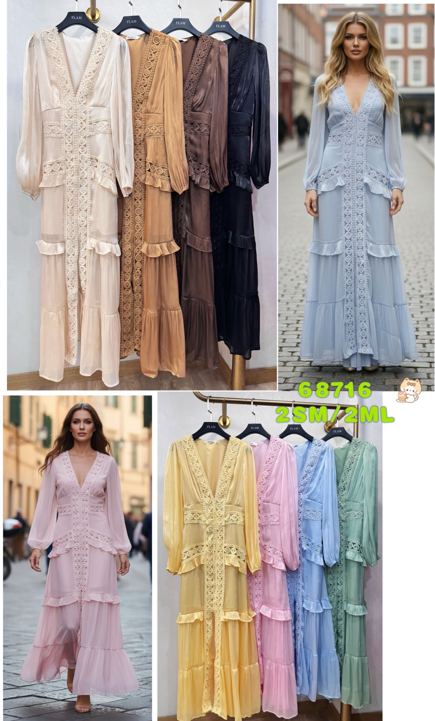 Flowy long dress with a V-neck, delicate lace, and airy sleeves | Paris ...