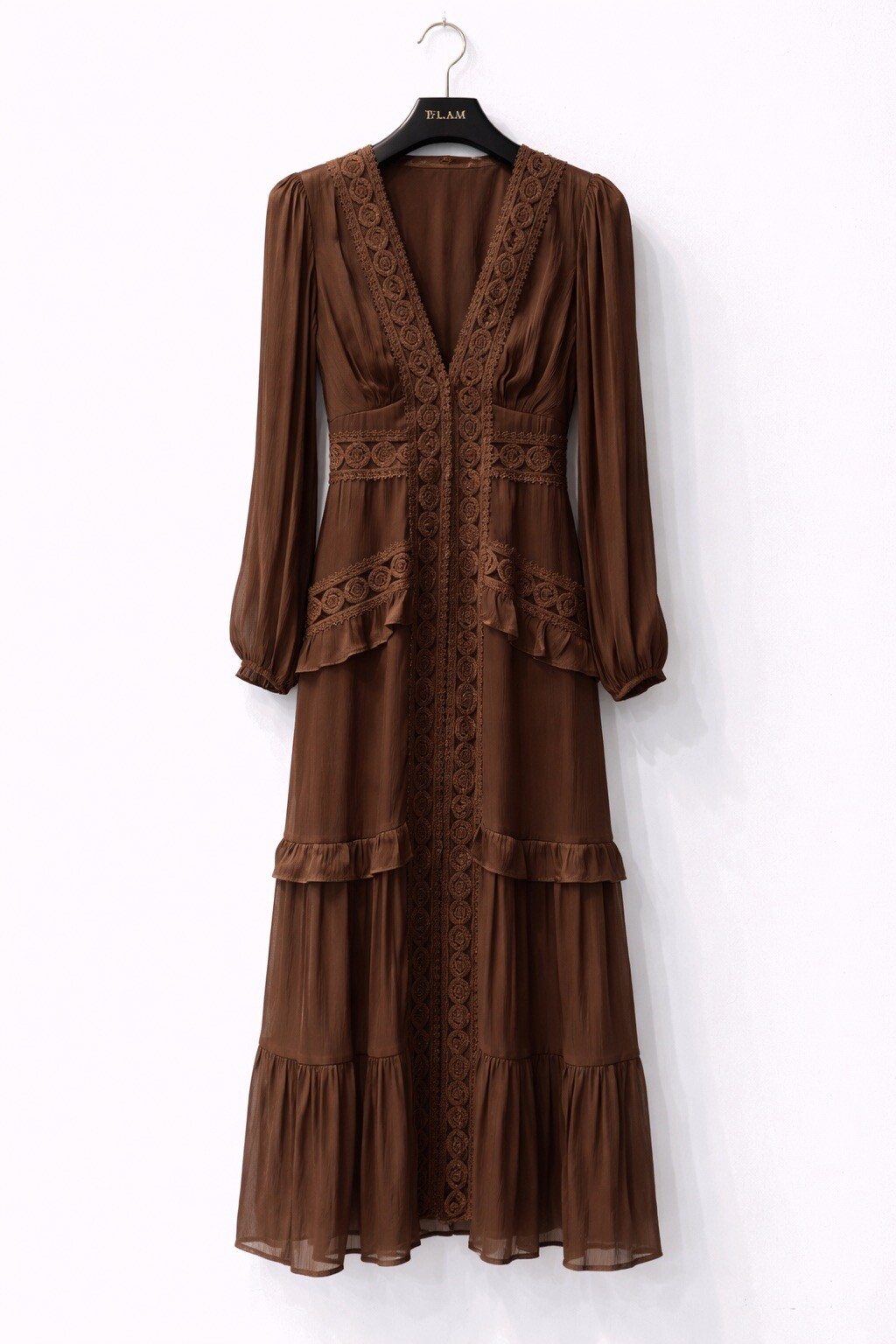 Flowy long dress with a V-neck, delicate lace, and airy sleeves | Paris ...