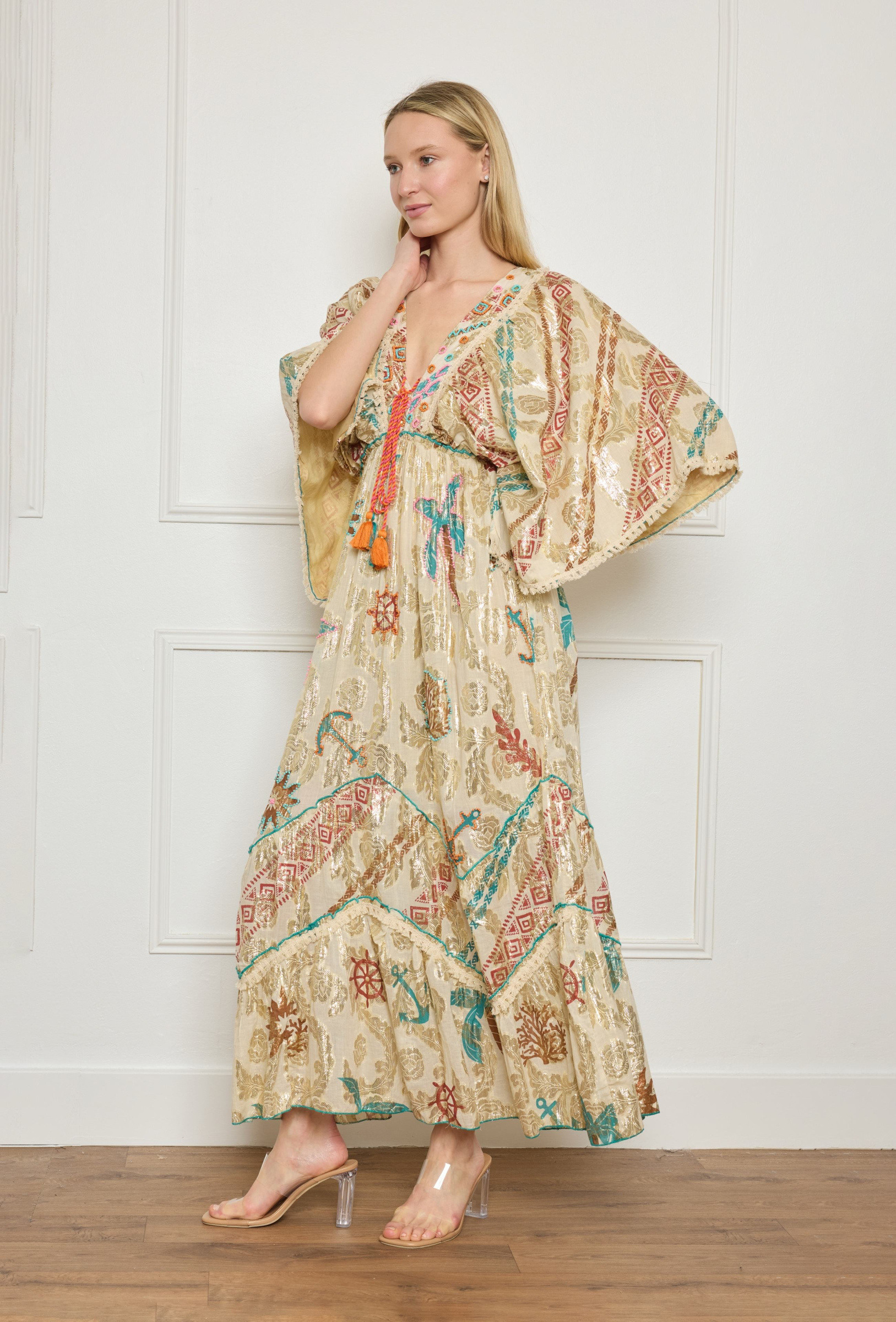 Long printed dress with wide sleeves and tassels | Paris Fashion Shops