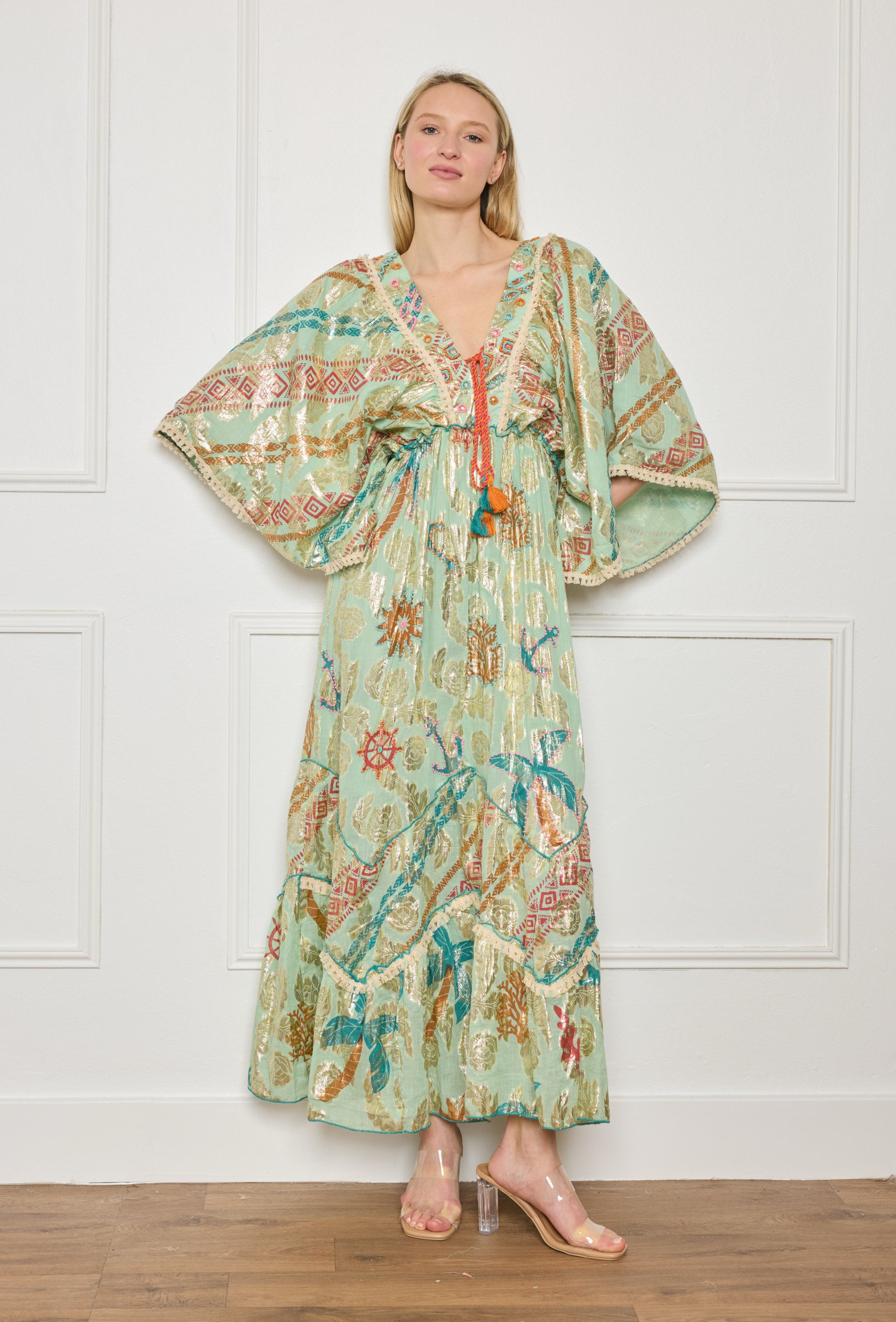 Long printed dress with wide sleeves and tassels | Paris Fashion Shops