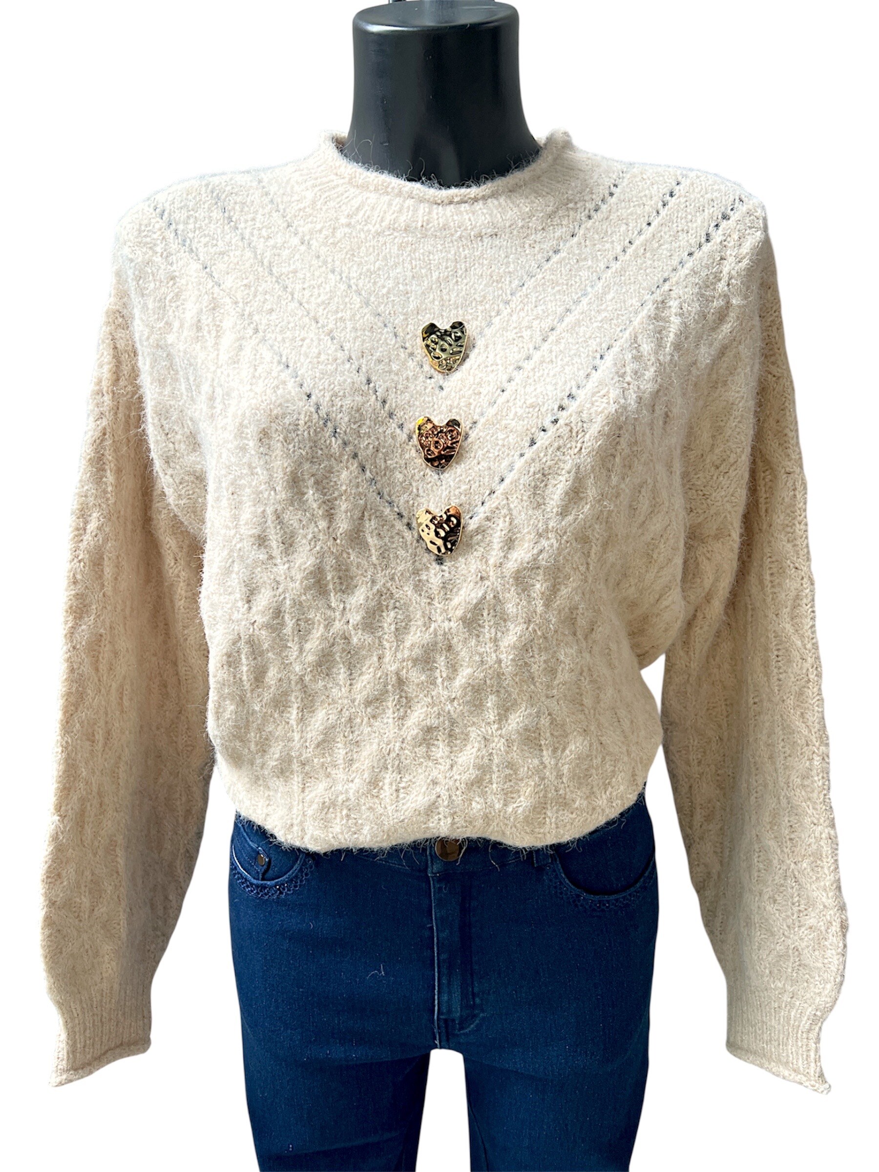 Pull ajouré col rond montant avec des broches cœurs dorés | Paris ...
