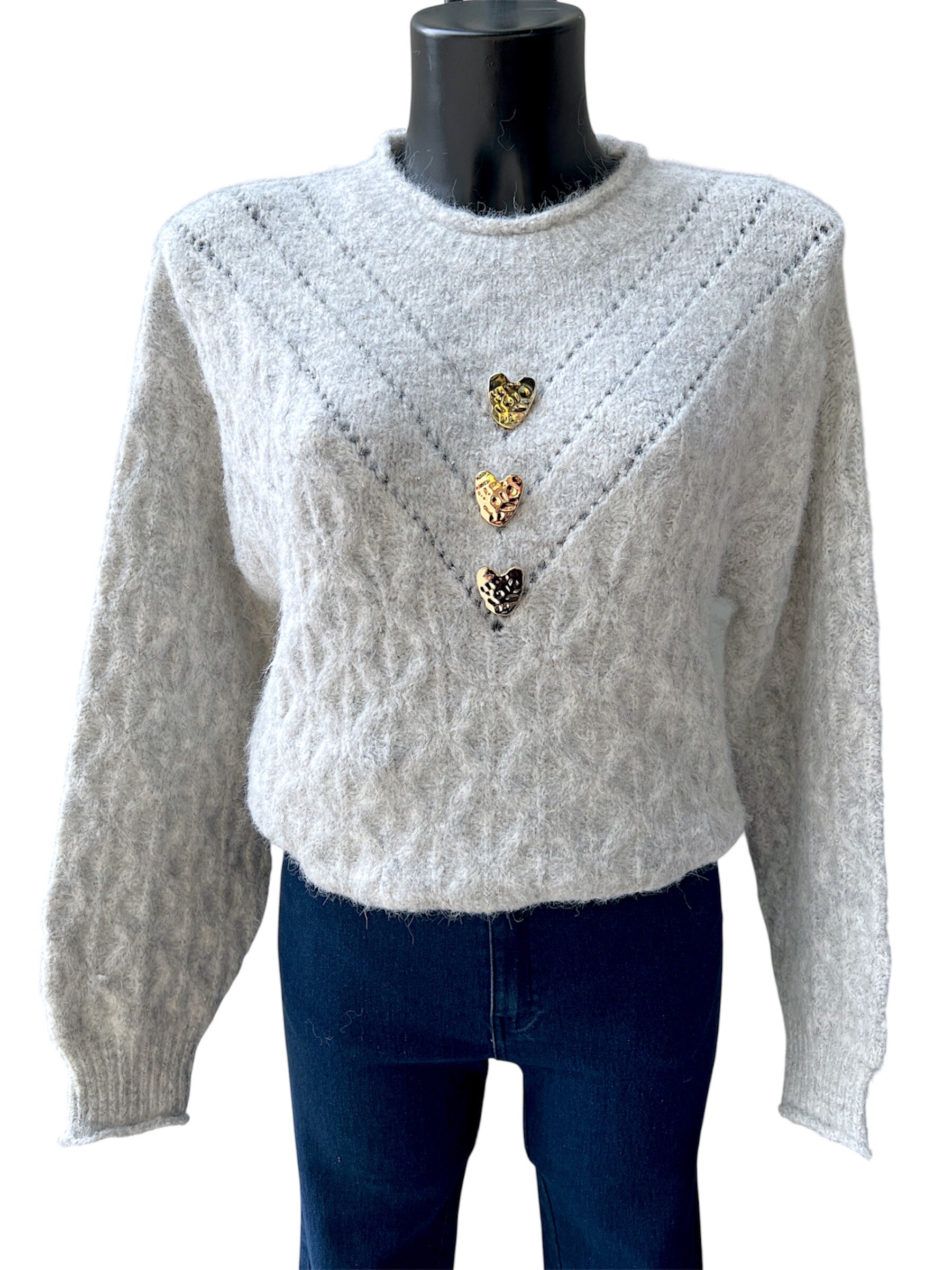 Pull ajouré col rond montant avec des broches cœurs dorés | Paris ...