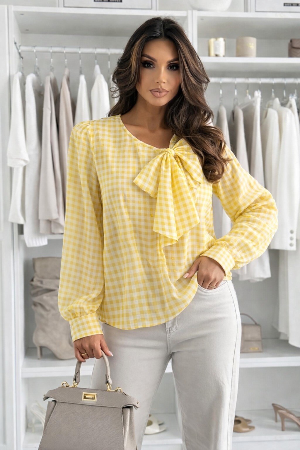 Check print blouse with big bow tie | Paris Fashion Shops