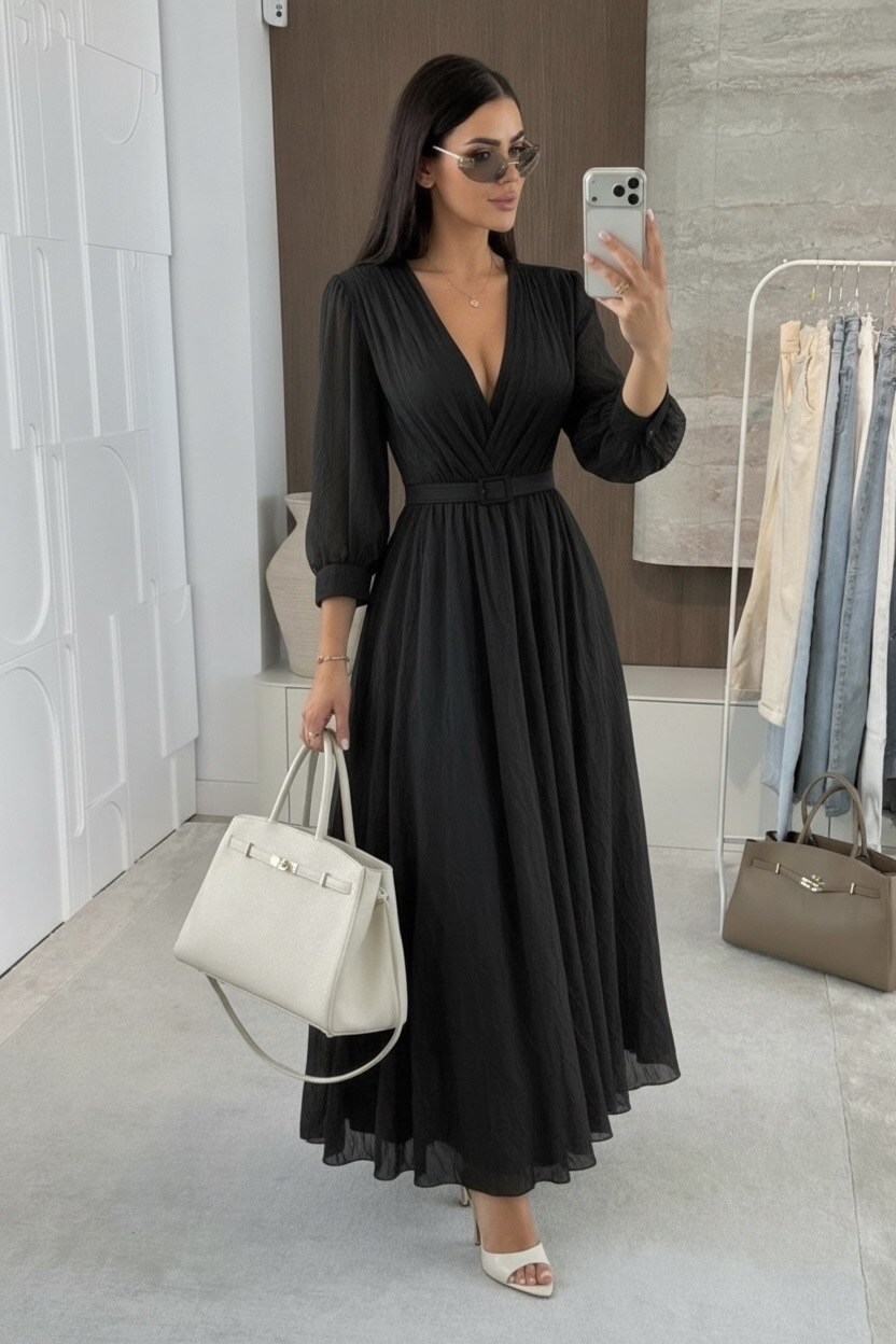 Robe longue texturé – Mousseline fluide, taille ceinturée, manches 3/4 ...