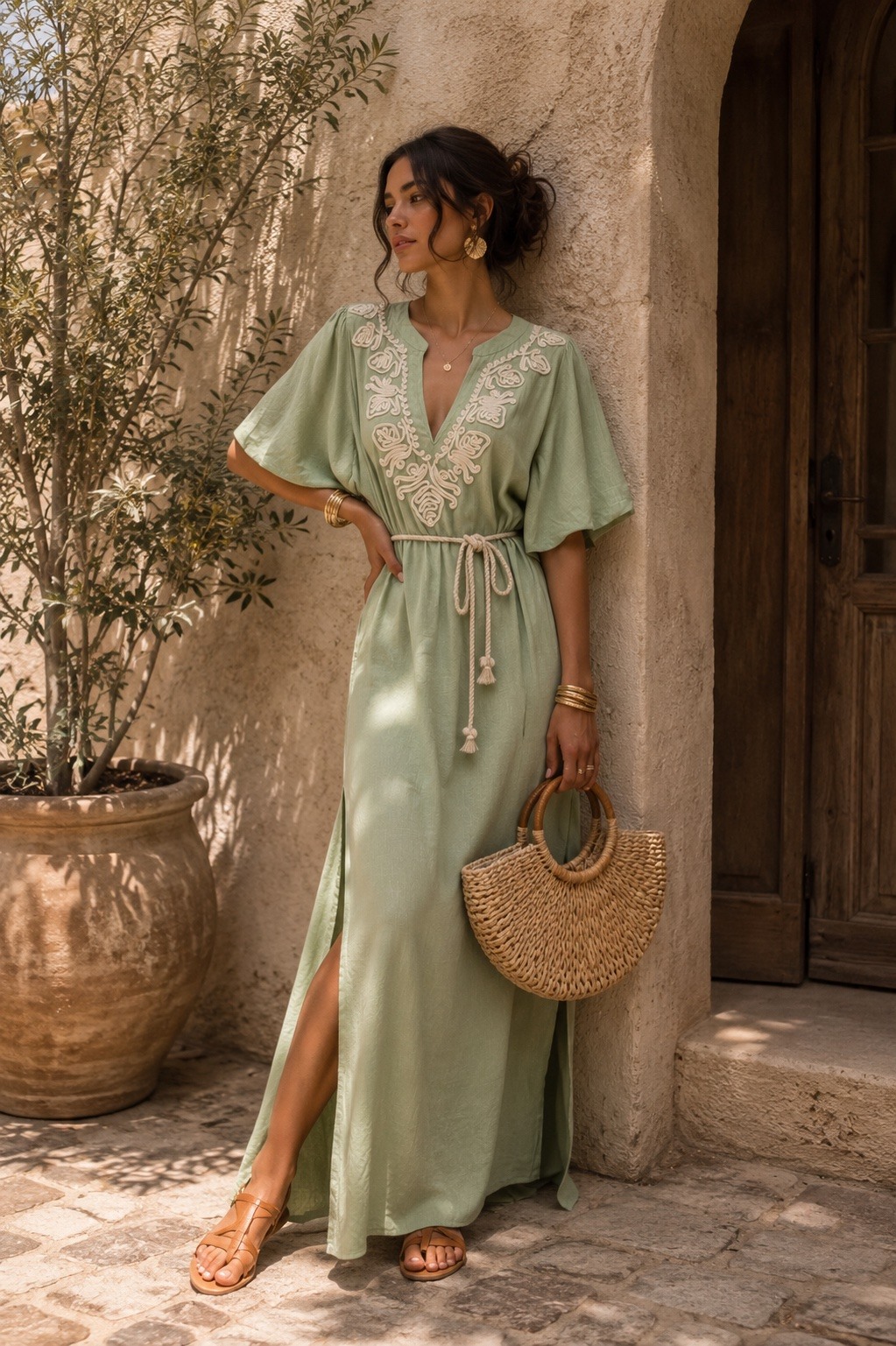 Robe Longue Brodée Avec Ceinture Corde | Paris Fashion Shops