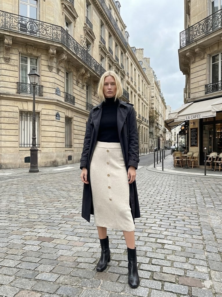 Justine&co Jupe midi en maille côtelée avec boutons dorés et fente ...