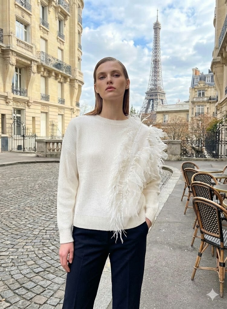 Justine&co Knitted Sweater with Asymmetrical Ruffles, Round Neck, Long ...