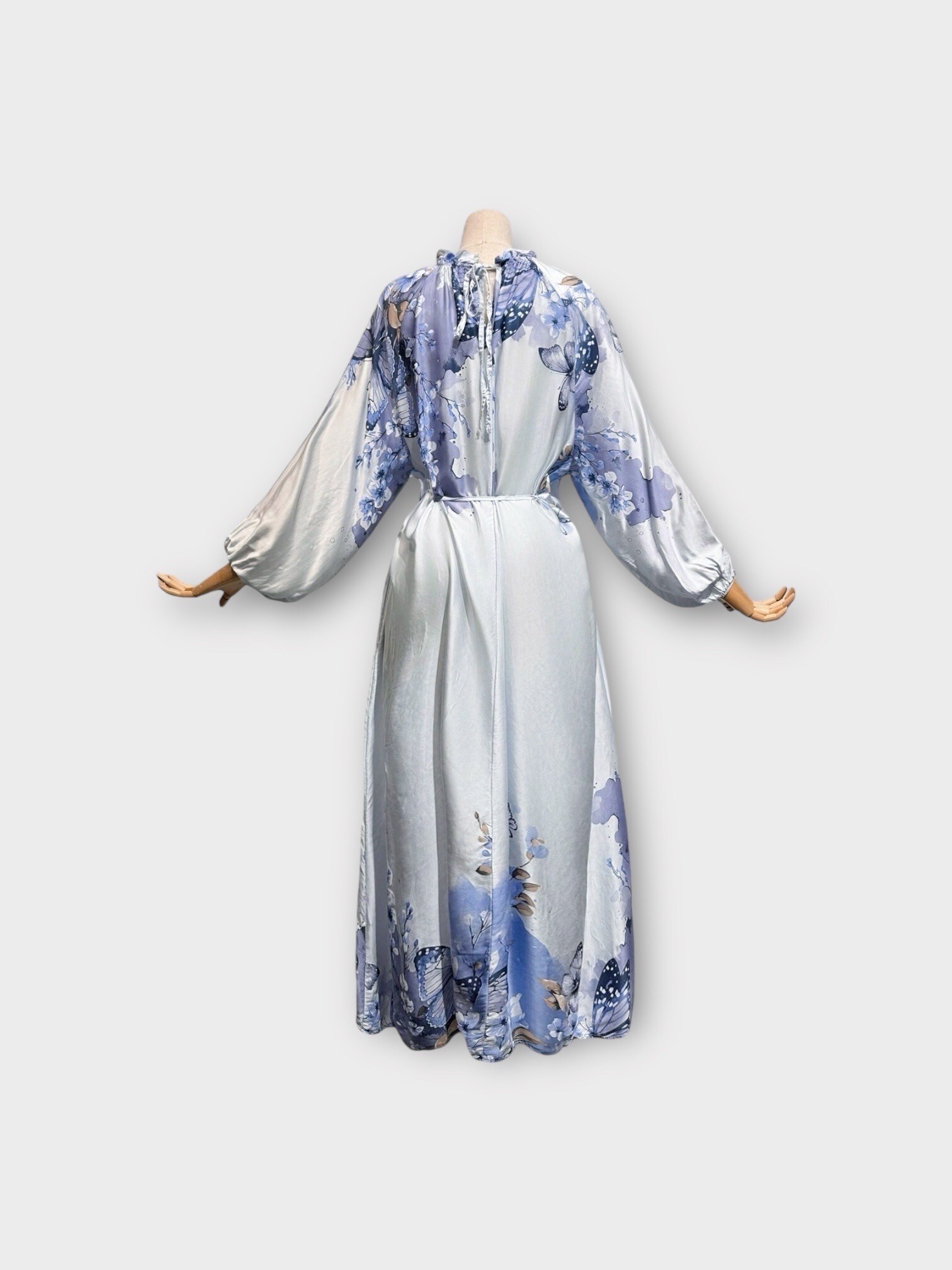 Long dress 100% satin viscose printed flowers and butterflies ...