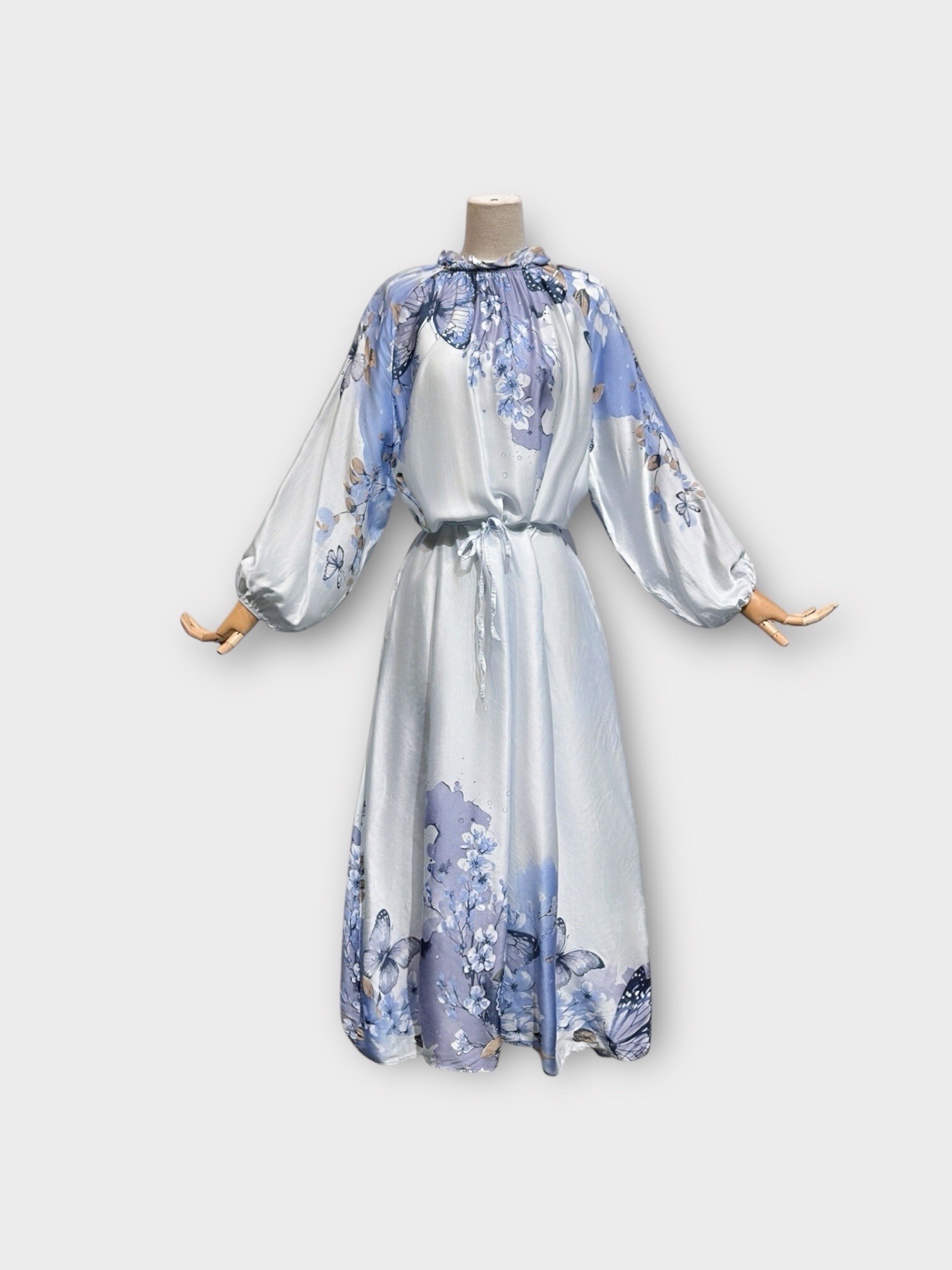 Long dress 100% satin viscose printed flowers and butterflies ...