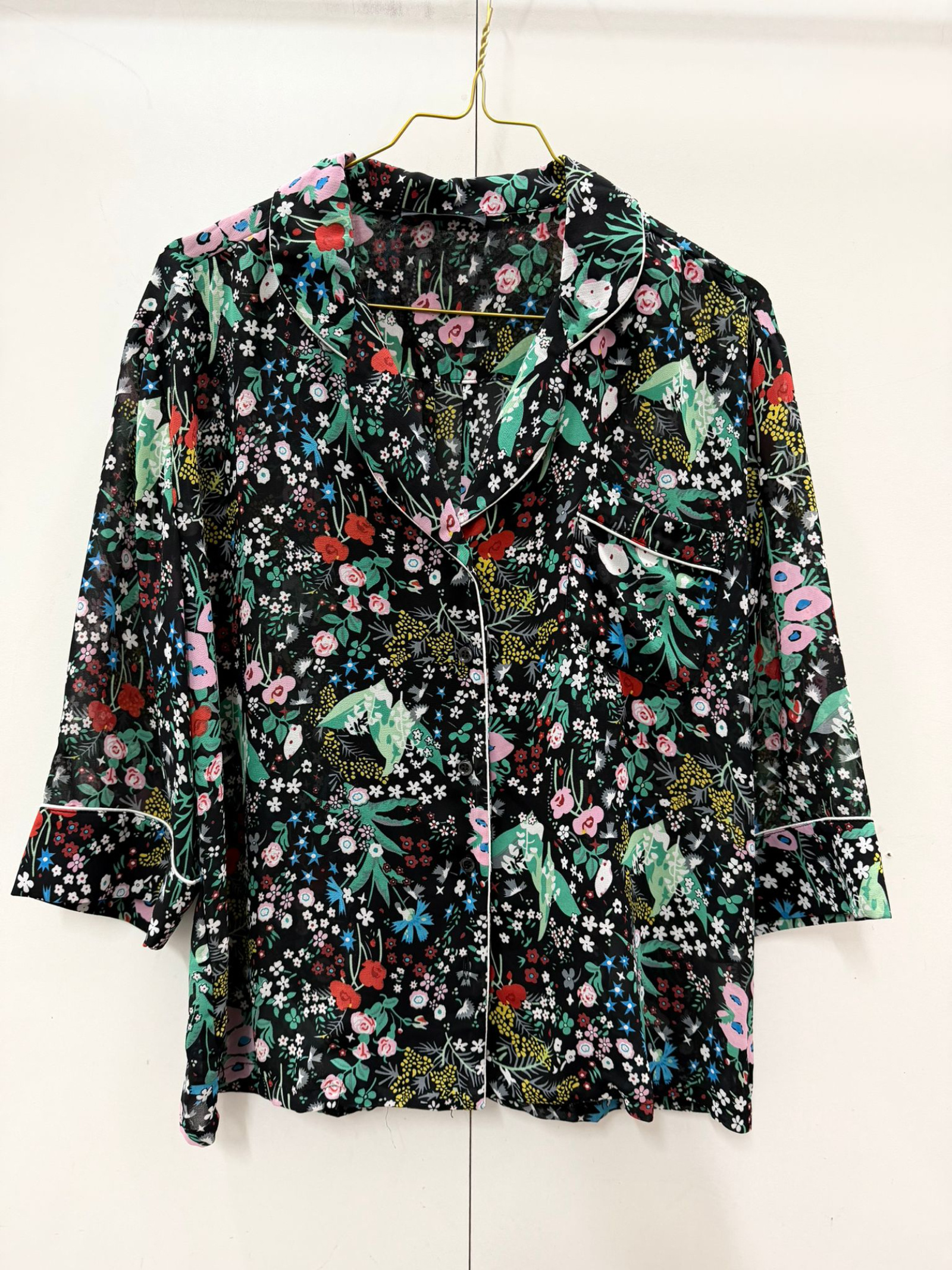 Floral Print Pyjama-Chic Blouse with White Piping | Paris Fashion Shops
