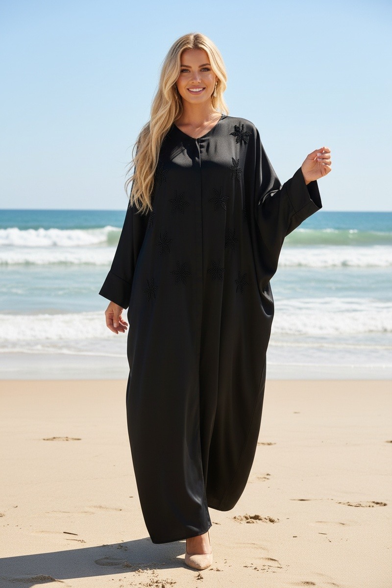 Long, plain abaya with beautiful beaded flowers | Paris Fashion Shops