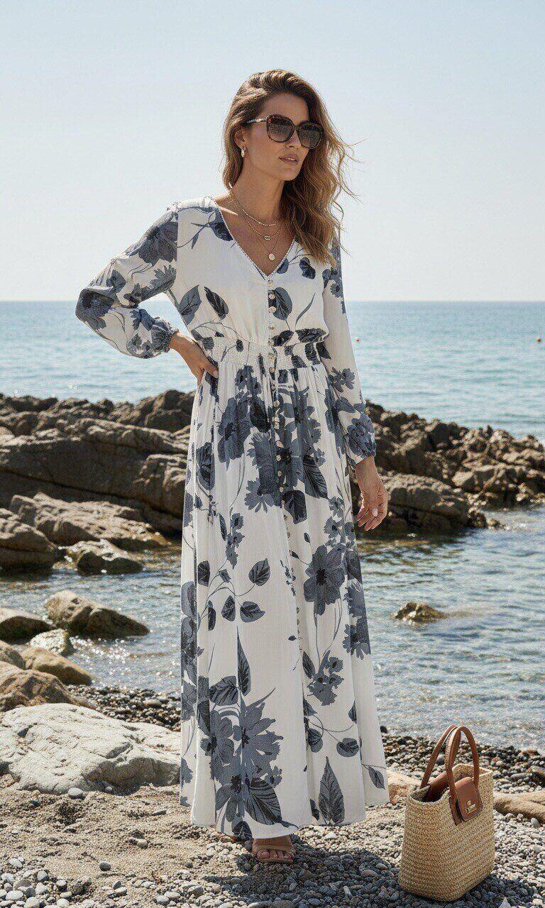 Robe longue fluide à imprimé floral – Élégance estivale et confort ...
