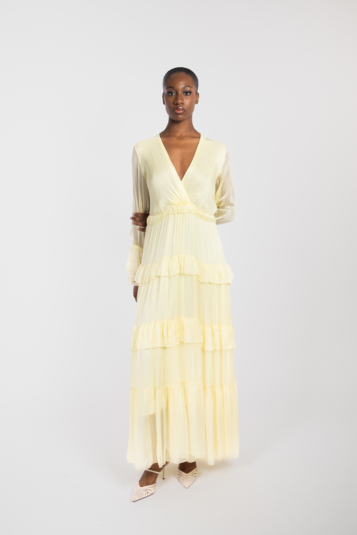 FLOWY LONG DRESS – RUFFLES & CROSSOVER NECKLINE | Paris Fashion Shops