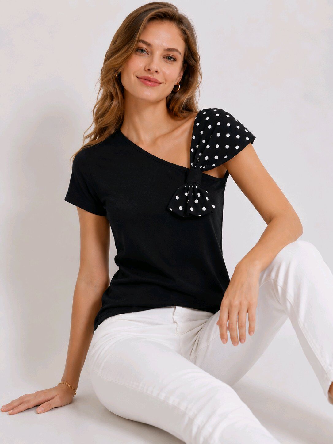 Asymmetric top with bow and polka dot print | Paris Fashion Shops