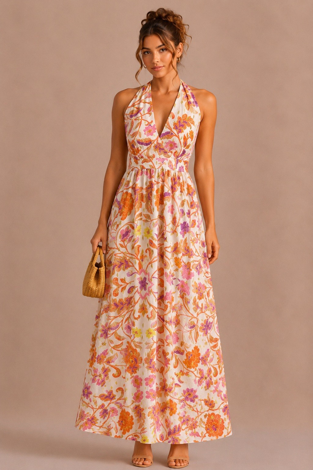 Longue robe dos nu, smockée au dos à motif | Paris Fashion Shops