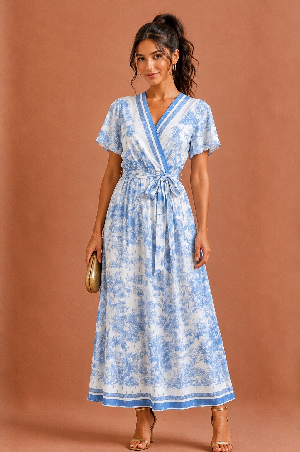 Robe cache-cœur imprimée avec détails dorés | Paris Fashion Shops