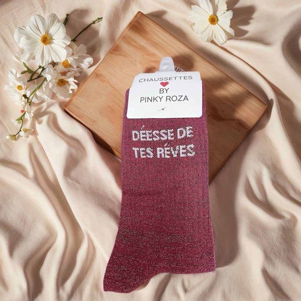 CHAUSSETTES A PAILLETTES AVEC MESSAGE " DEESSE DE TES REVES" EN COTON ...
