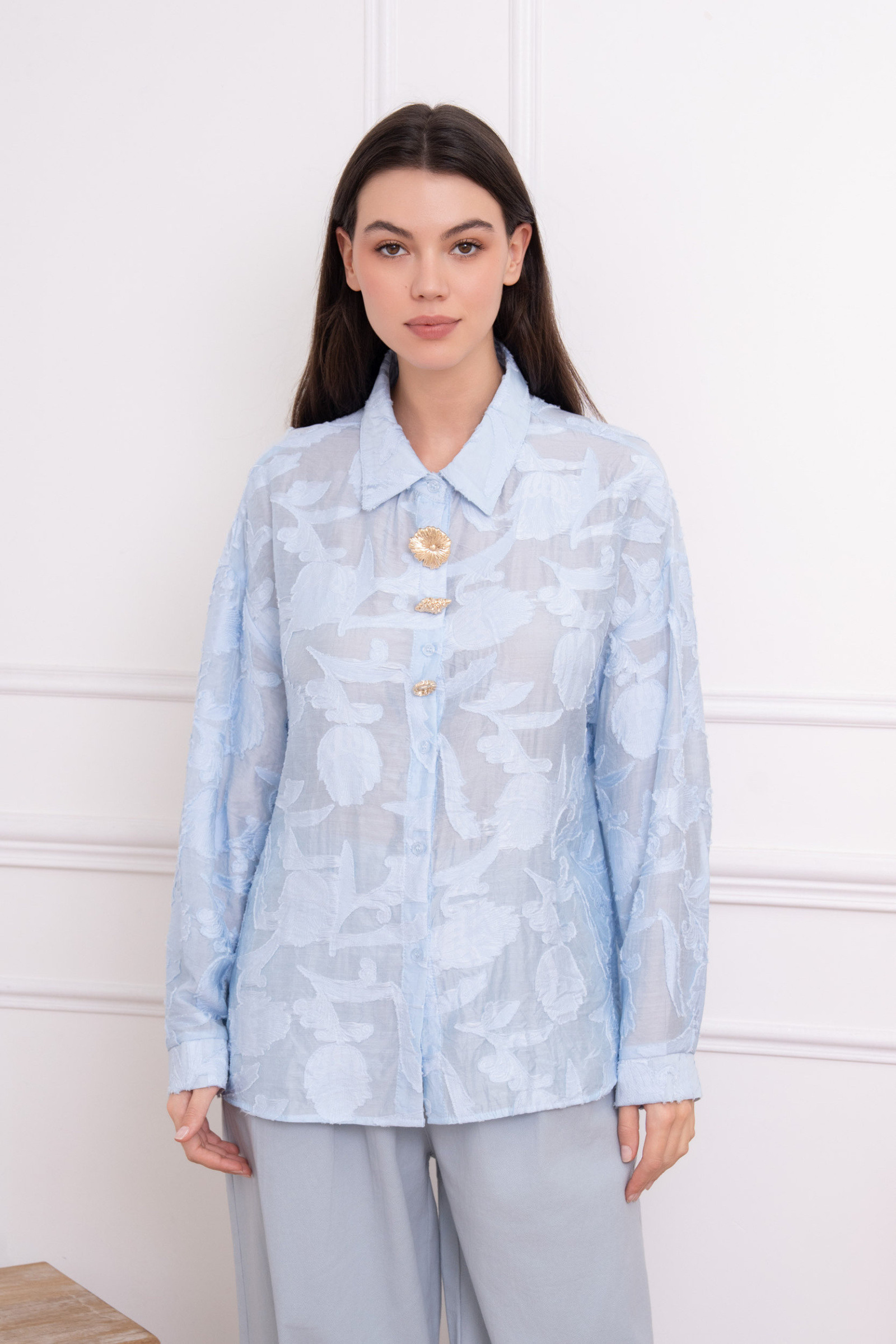 Elegant Jeweled Buttons Textured Shirt | Paris Fashion Shops