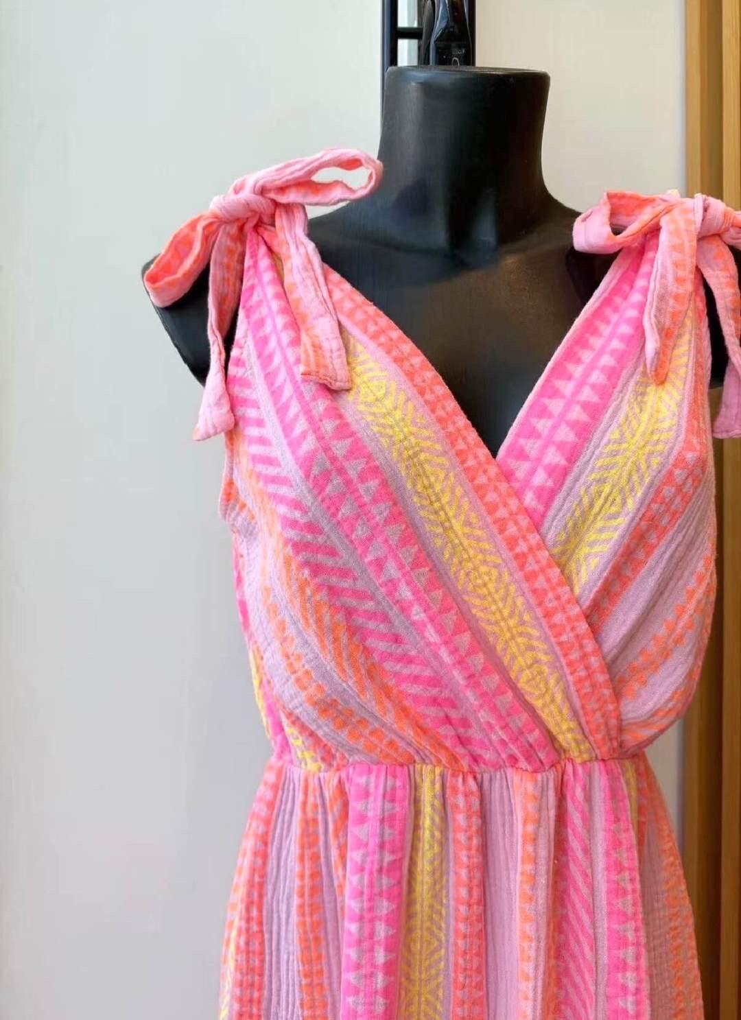 Long cotton gauze dress with patterns | Paris Fashion Shops